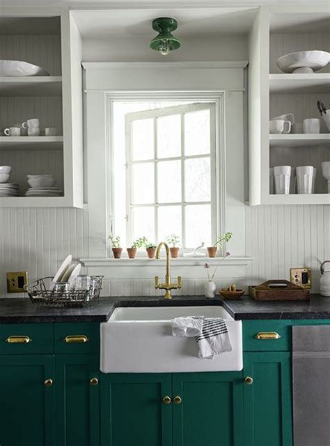 Green Lower Cabinets And White Upper Cabinets In Kitchen