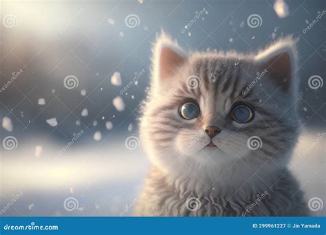 Cute Kitten In Winter Forest Fluffy Cat With Blue Eyes Stock