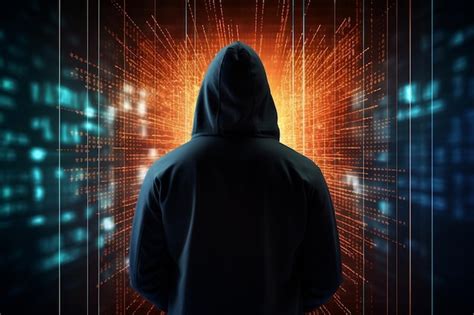 Premium Ai Image Undercover Intruder Hooded Hacker In Dim Light Back View Generative Ai