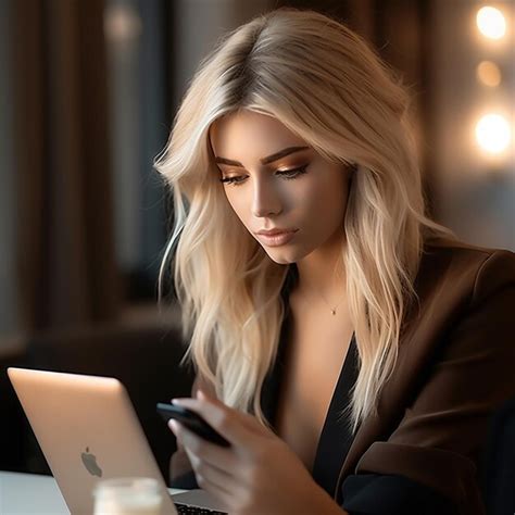 Premium Ai Image A Blonde Woman Is Looking At Her Phone And She Is