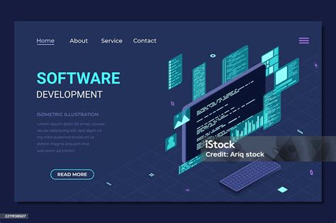 아이소메트릭 소프트웨어 개발 랜딩 페이지 컴퓨터 화면에 코드를 프로그래밍합니다 아이소메트릭 일러스트레이션 프로그래밍 아이소메트릭
