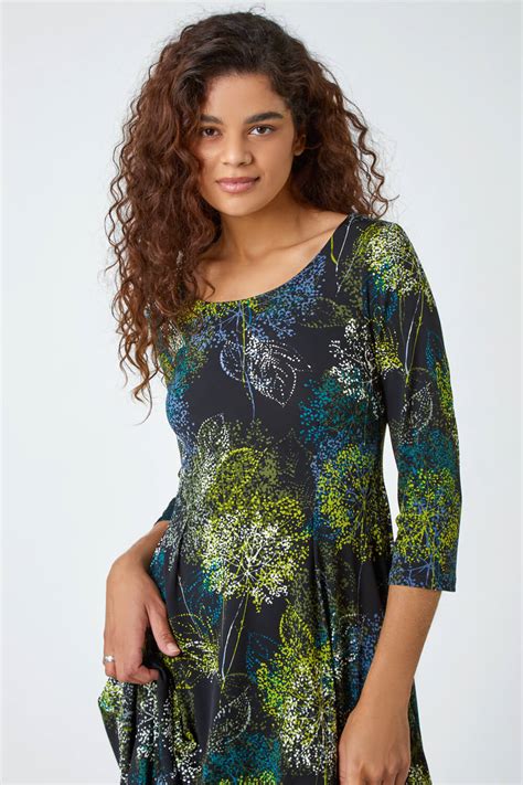 Green Floral Hanky Hem Stretch Midi Dress Roman Uk