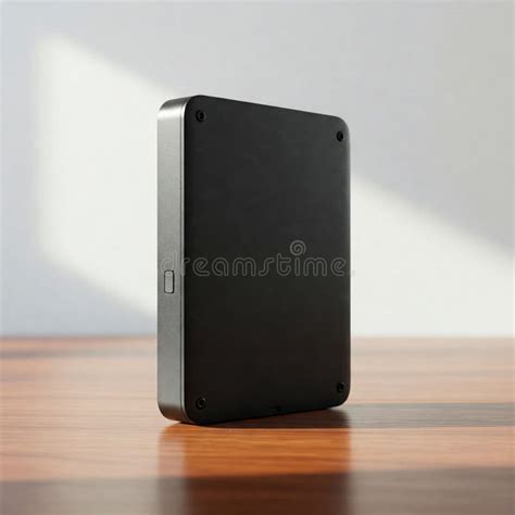 A Black External Hard Drive On A Wooden Surface Space For Text Stock