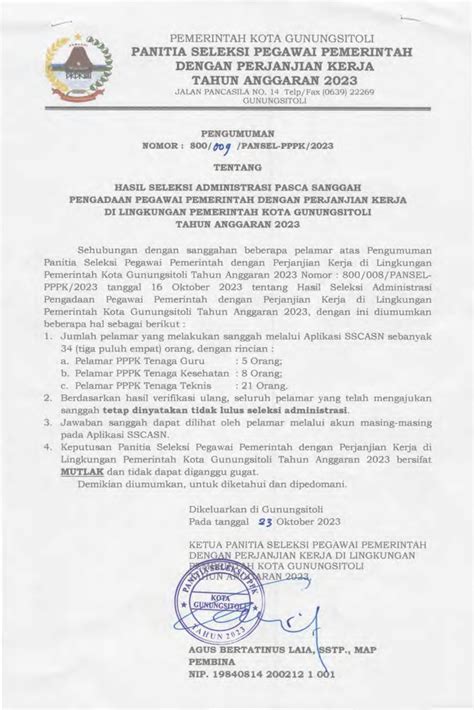 Pengumuman Hasil Seleksi Administrasi Pasca Sanggah Pengadaan PPPK