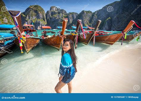 Young Asian Woman Posting On The Maya Bay Stock Image Image Of