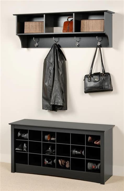 Prepac Entryway Wall Mount Coat Rack W Shoe Storage Bench In Black