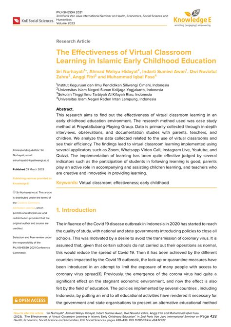 Pdf The Effectiveness Of Virtual Classroom Learning In Islamic Early