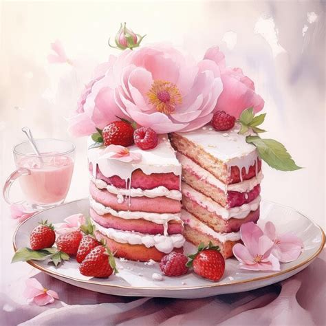 Premium Photo Watercolor Homemade Naked Layered Vanilla Cake With