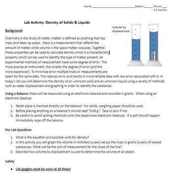 Lab Density Of Solids And Liquids Water Displacement Graphing
