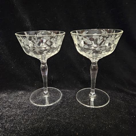 Vintage Wheel Cut Champagne Glasses Unknown Maker Set Of 2 Floral