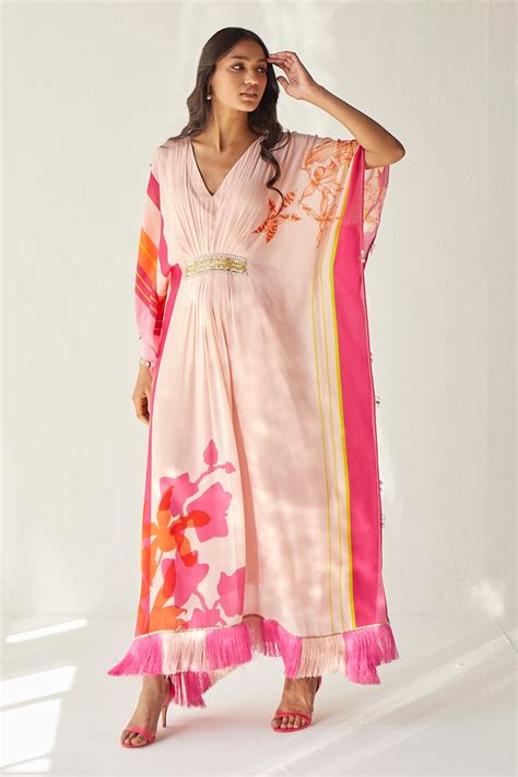 Buy Pink Crepe Print And Embroidery Floral V Neck Kaftan For Women By