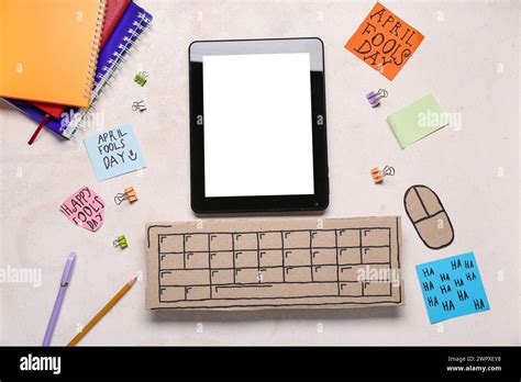 Modern Tablet Carton Computer Keyboard And Sticky Notes April Fools