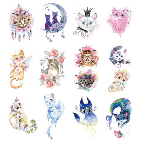 Fatherson Watercolor Cat Temporary Tattoos Cute Kitty Designs For