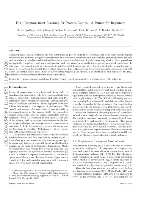 PDF Deep Reinforcement Learning For Process Control A Primer For Beginners