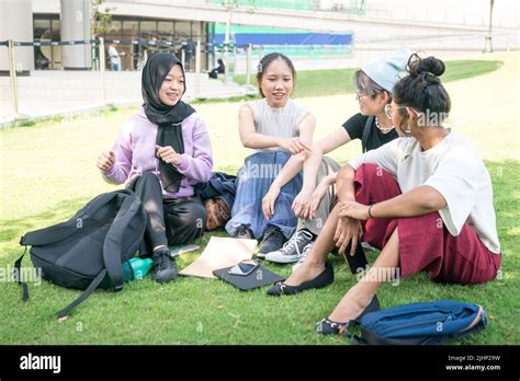 Groupe De Quatre Jeunes Femmes Asiatiques Assises Sur Une Pelouse Verte