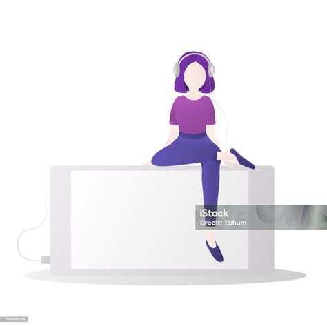 헤드폰에 플랫 소녀는 스마트 폰에 앉아 음악을 듣습니다 벡터 일러스트입니다 소셜 미디어 개념입니다 격리 마음 챙김에 대한 스톡