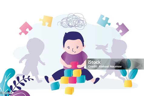 자폐증을 앓고있는 어린이가 사회에서 사회화하는 것은 어렵습니다 혼란스러운 생각으로 혼자 노는 화가 난 소년 자폐증에 대한 스톡 벡터 아트 및 기타 이미지 Istock
