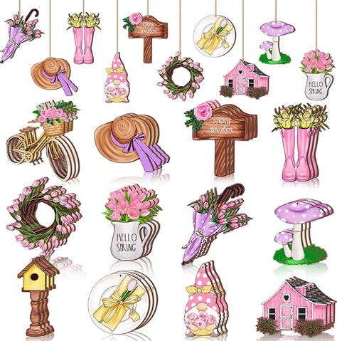 Beeveer 36 Pcs Spring Ornaments For Tree Wooden Flower