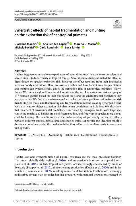 Pdf Synergistic Effects Of Habitat Fragmentation And Hunting On The Extinction Risk Of