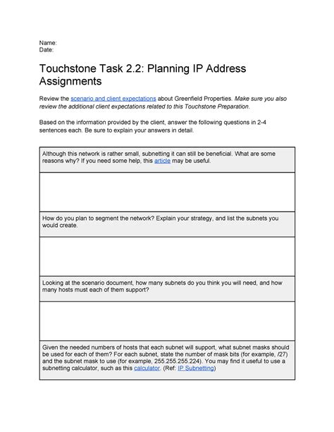 Touchstone Task 22 Planning Ip Address Assignments Questions Name Date Touchstone Task 2