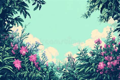 Botanical Themed Eco Pixel Art In Pink Green And Blue Stock