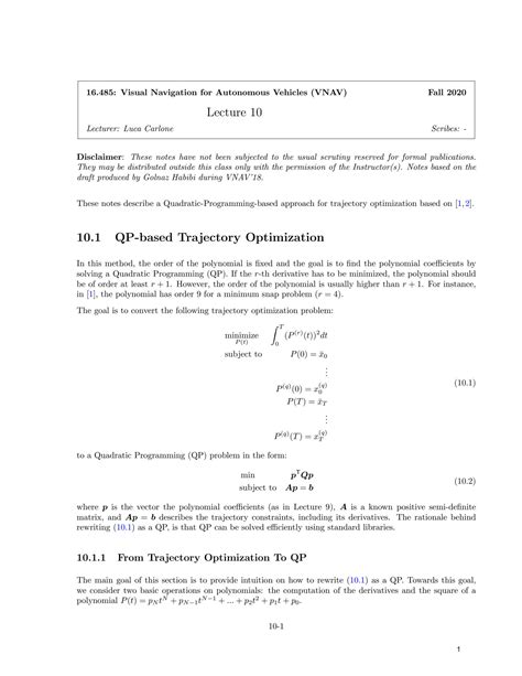 Solution Qp Based Trajectory Optimizationvisual Navigation For Autonomous Vehicles Vnav