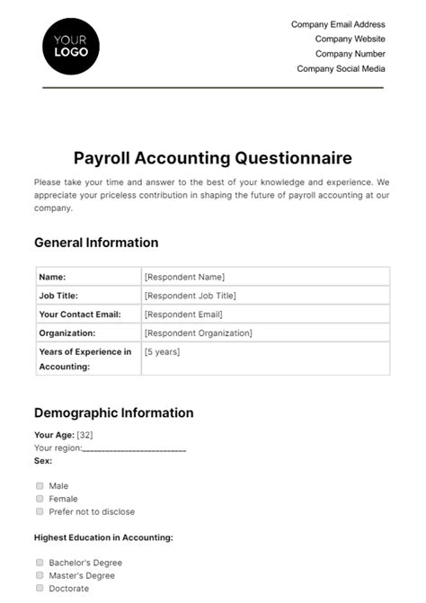 Free Payroll Accounting Questionnaire Template To Edit Online