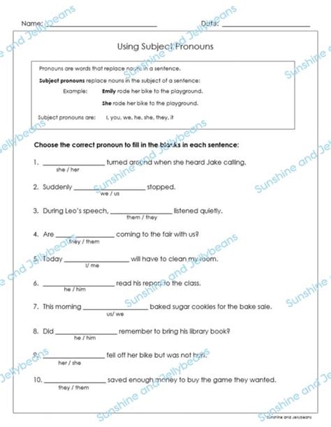 Subject Object Pronouns Parts Of Speech Writing Grammar No Prep Worksheets