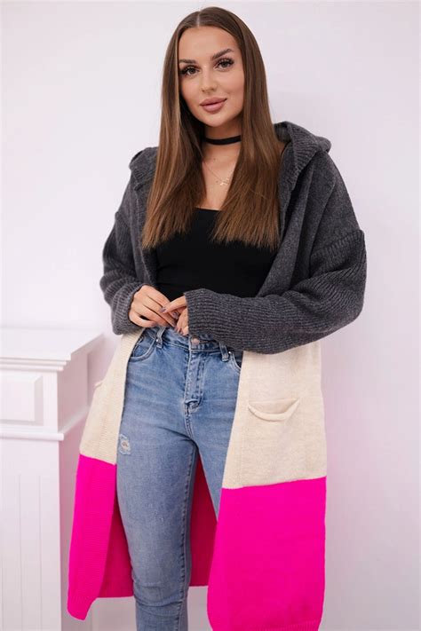 Sweter Kardigan z kapturem w pasy grafitowy beżowy różowy neon Swetry