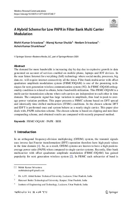 Pdf A Hybrid Scheme For Low Papr In Filter Bank Multi Carrier Modulation Manoj K Shukla
