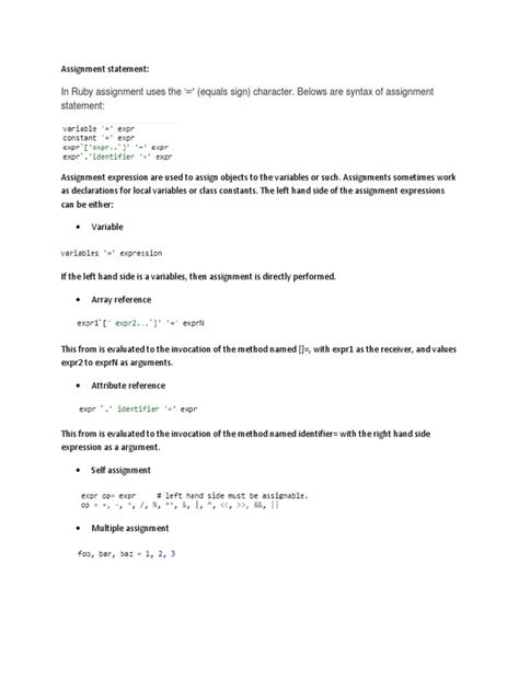 In Ruby Assignment Uses The Equals Sign Character Belows Are Syntax Of Assignment Statement Pdf