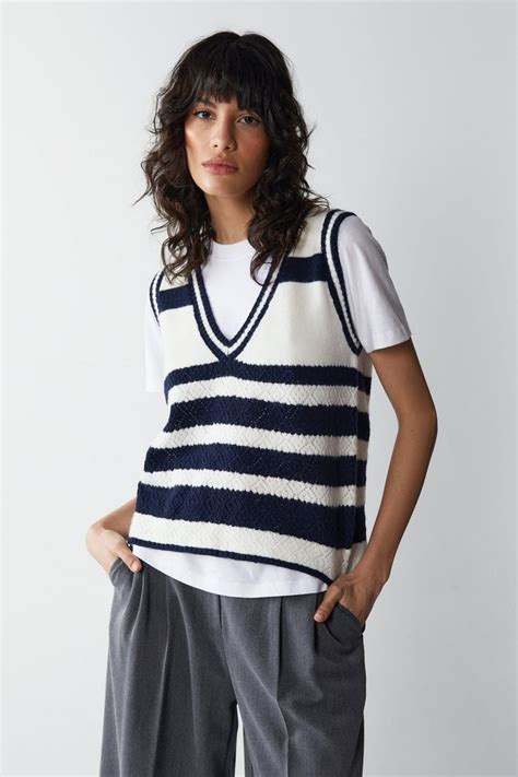 Jumpers And Cardigans Knitted Crochet Pointelle Stripe Sweater Vest