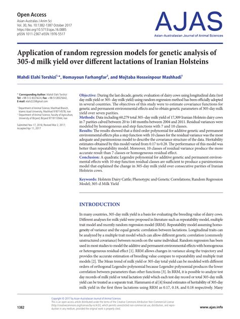 Pdf Application Of Random Regression Models For Genetic Analysis Of