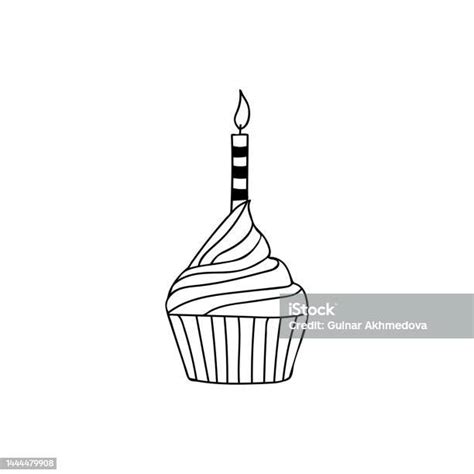 벡터에 촛불 낙서 그림이 있는 컵케이크 촛불이 손으로 그린 그림이 있는 컵케이크 생일 케이크 낙서 그림입니다 공휴일에 대한 스톡