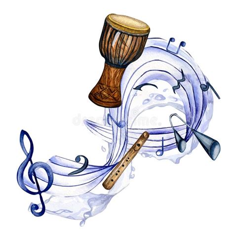 Treble Clef Musical Notes And Contrabass Watercolor Illustration On