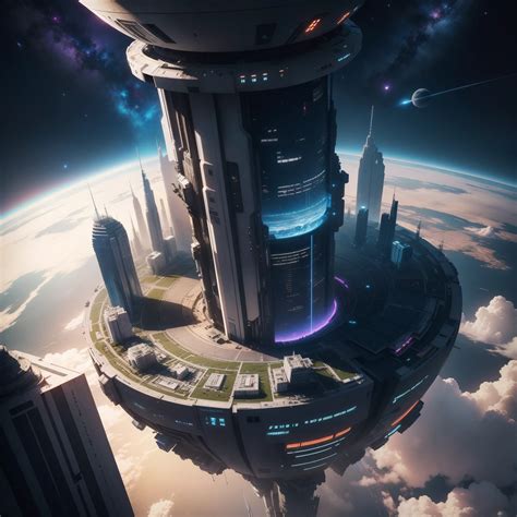 一个空间站 一棟巨大的摩天大樓拔地而起 行星地球 未来城市 太空城 庞大的建筑 赛博朋克 顶级品质 杰作 超高分辨率 梦 Sf艺术由 特大城市