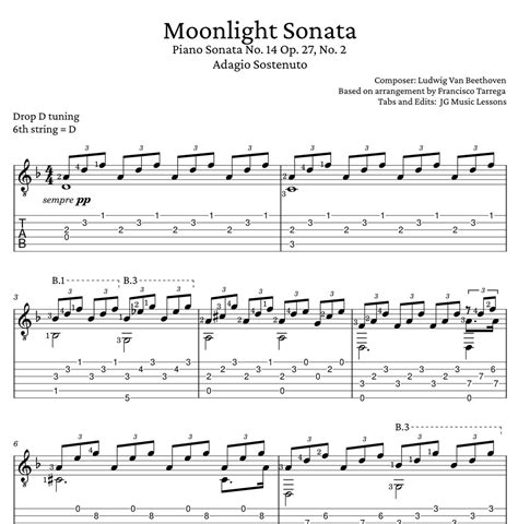 Moonlight Sonata Guitar Sheet Music With Tabs Etsy