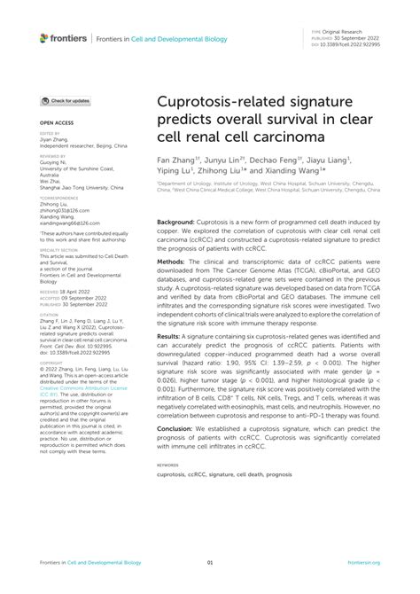 Pdf Cuprotosis Related Signature Predicts Overall Survival In Clear Cell Renal Cell Carcinoma