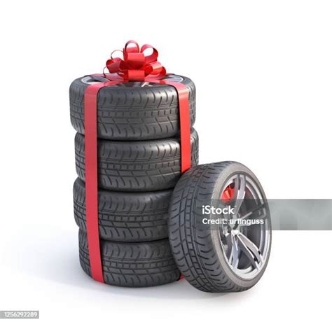 흰색 배경에 있는 기프트 라벨 격리에 바퀴 더미 3d 일러스트레이션 타이어에 대한 스톡 사진 및 기타 이미지 타이어 선물 짐 싸기 Istock