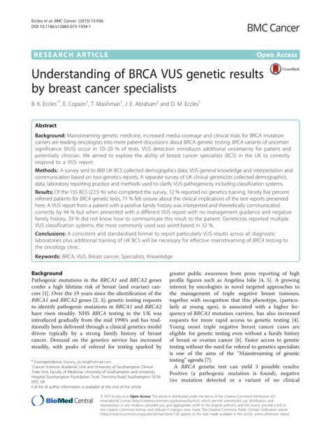 Pdf Understanding Of Brca Vus Genetic Results By Breast Cancer Specialists