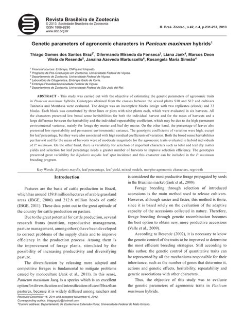 Pdf Genetic Parameters Of Agronomic Characters In Panicum Maximum Hybrids