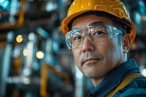 Middle Aged Man Industrial Worker Wearing Safety Glasses And A Yellow