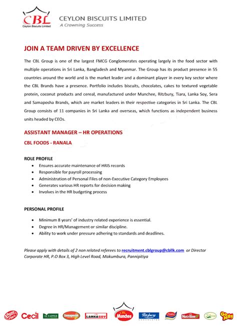 Assistant Manager Hr Operations At Ceylon Biscuits