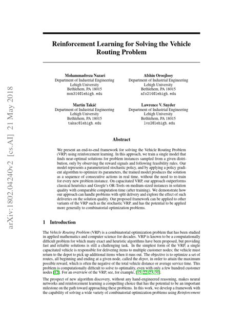 2018 Reinforcement Learning For Solving Vrp Pdf Mathematical