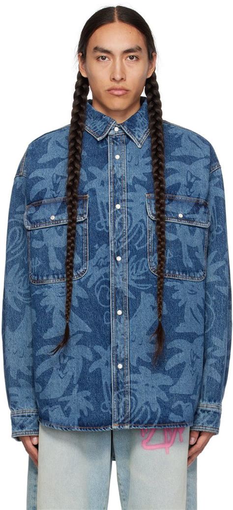 Palm Angels Palmity Laser Print Denim Shirt Light Blue