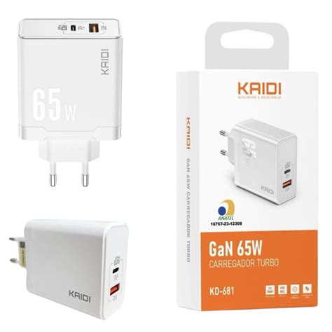 Fonte Carregador Turbo GaN 65W PD USB Kaidi KD 681 Kaidi