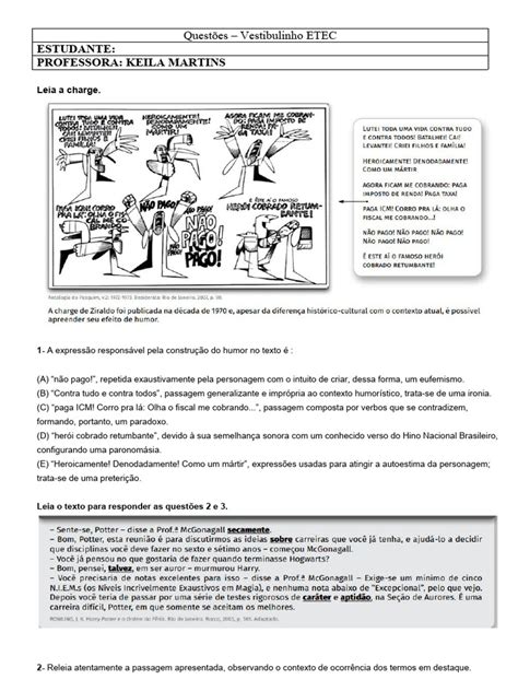 Questões Vestibulinho Etec Alunos Pdf