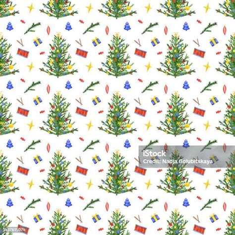 크리스마스 트리 완벽 한 패턴입니다 수채화 휴일 나무 드럼 선물 상자 별 소나무 가지가 흰색 배경에 끝없는 인쇄 겨울 벽지 장식품 화환 공 및 선물이 있는 녹색 나무 0명에
