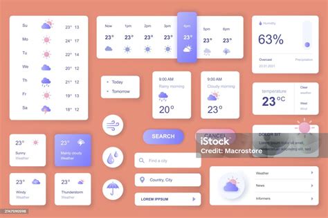 User Interface Elements Set For Weather Mobile App Or Web Kit Template With Hud Forecast Today