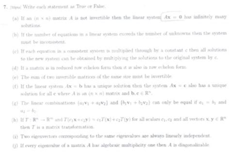 write each statement as true or false a if an nx n matrix a is not
